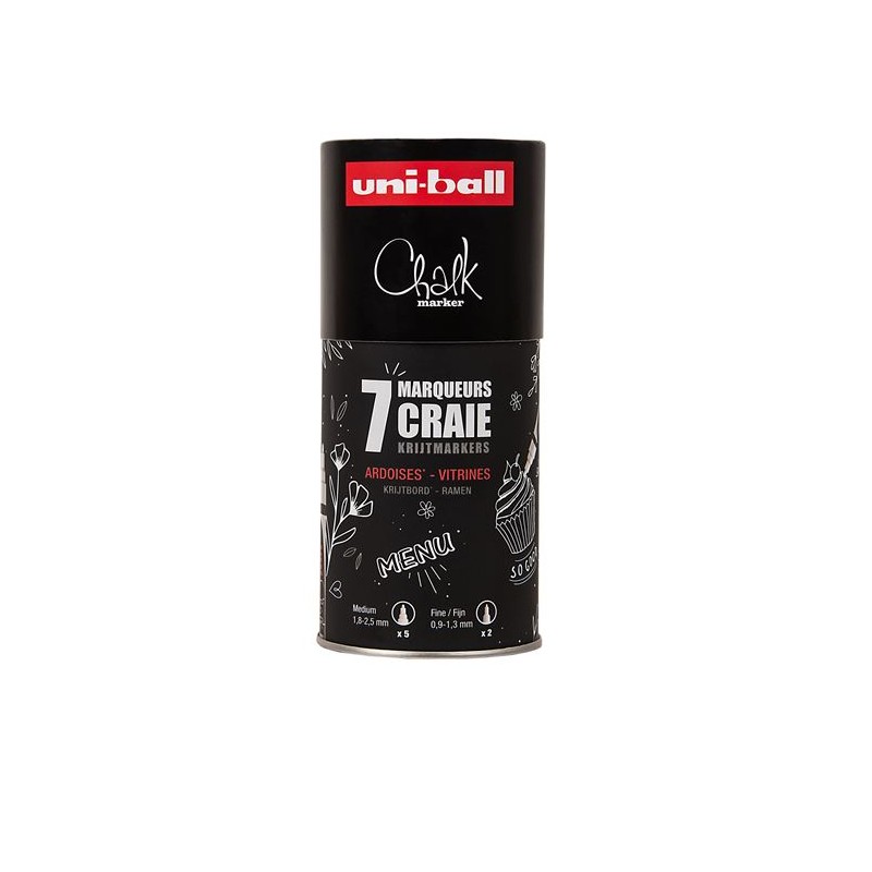 Pot de 7 marqueurs craie assortis Uniball Chalk pour ardoise / vitirne